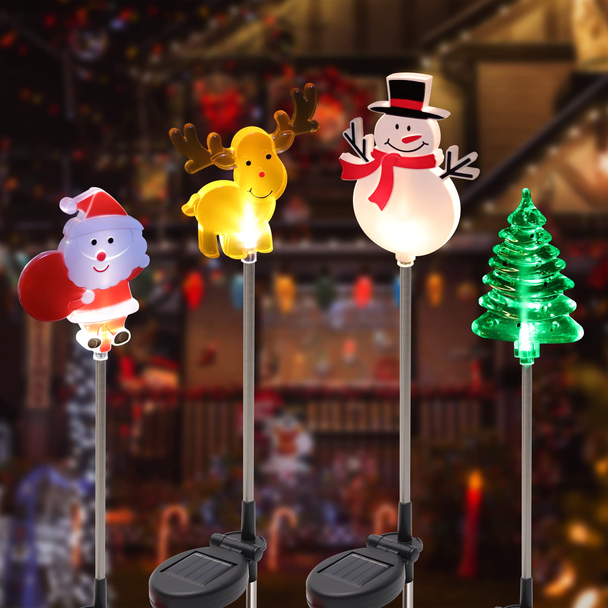 Glintoper 4 Pack Solar Christmas Figurine Lights, Outdoor Lighted Decorative Santa Claus, Snowman, Xmas Tree & Reindeer with Garden Stakes, Warm White LED Lighting Yard Stake for Path Lawn Patio Decor