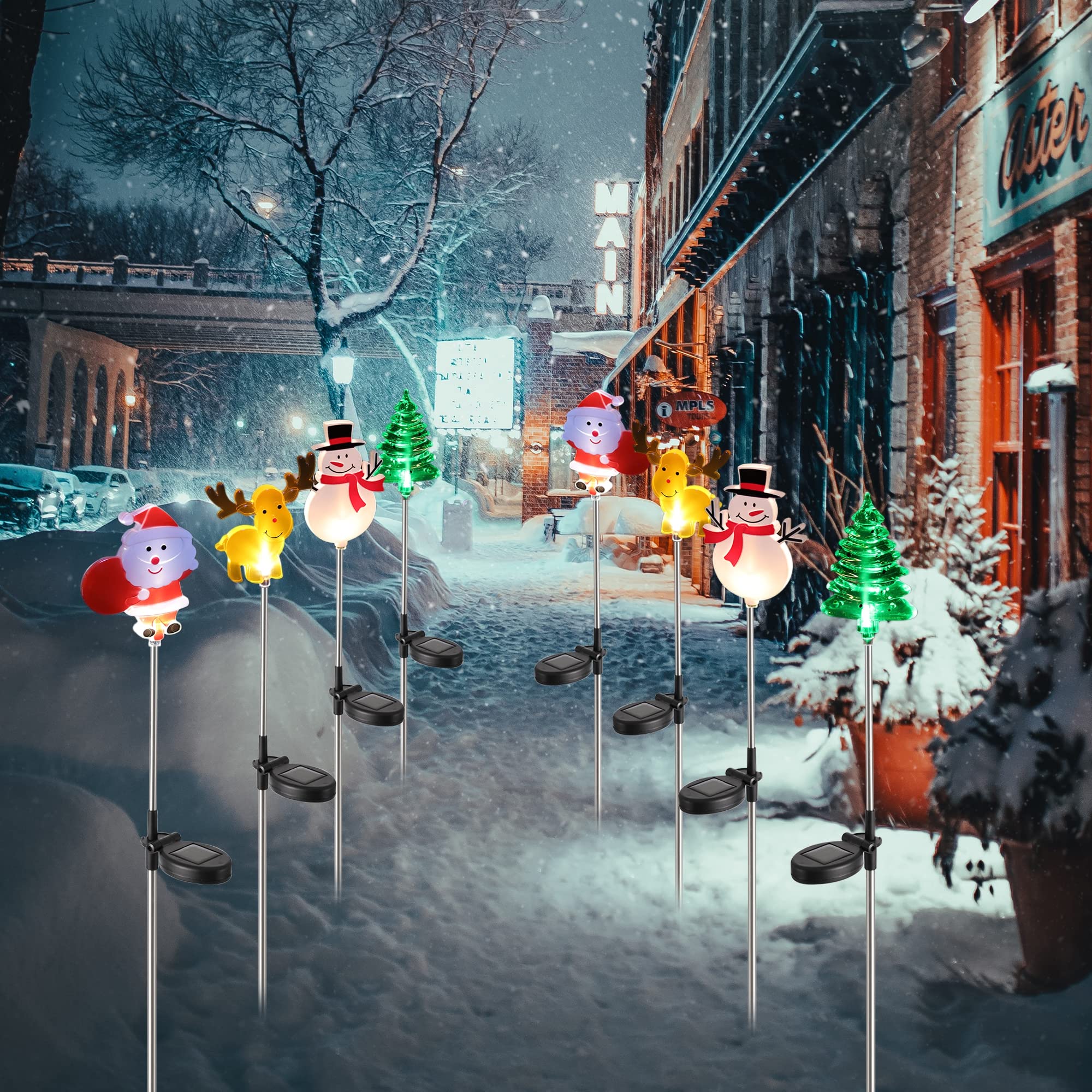 Glintoper 4 Pack Solar Christmas Figurine Lights, Outdoor Lighted Decorative Santa Claus, Snowman, Xmas Tree & Reindeer with Garden Stakes, Warm White LED Lighting Yard Stake for Path Lawn Patio Decor