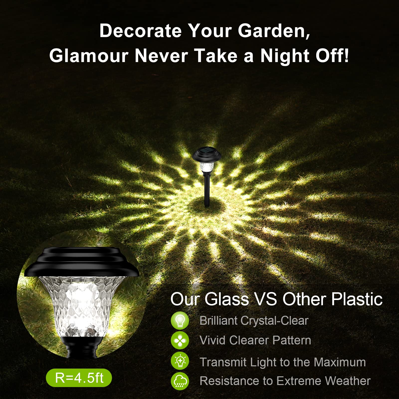 Balhvit Glass Solar Lights Outdoor, 4 Pack Super Bright Solar Pathway Lights, Up to 12 Hrs Long Last Auto On/Off Garden Lights Solar Powered Waterproof, Stainless Steel LED Landscape Lighting for Yard