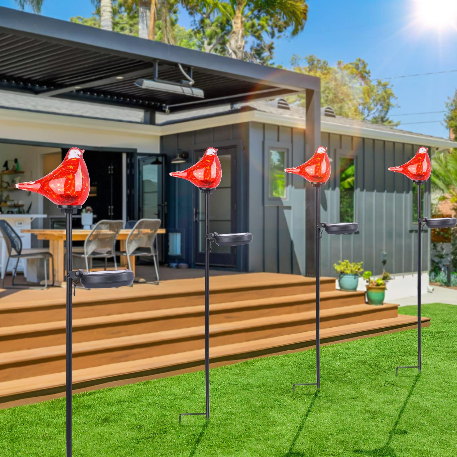 Solar Garden Lights Outdoor Decorative - Cardinal Solar Garden Stake Lights Handblown Glass Garden Stake Decorative Solar Pathway Lights for Garden, Lawn, Patio, Yard(2 Pack)