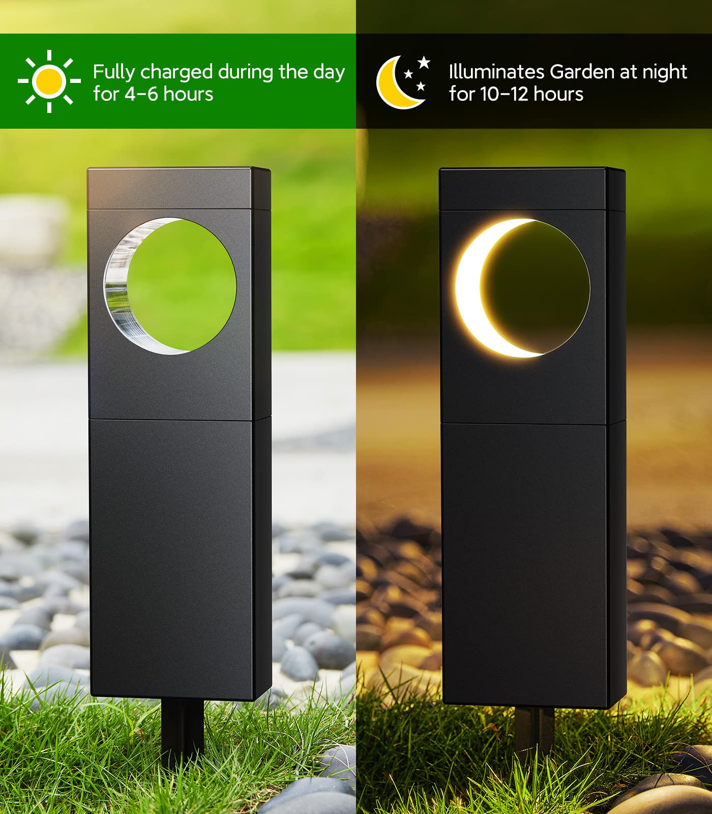 E-Kong Solar Outdoor Lights 6 Pack, Bright Pathway Outdoor, Achieve IP65 Waterproof, Moon Shape Landscape, Auto On/Off for Outside Yard Garden Path, Warm White