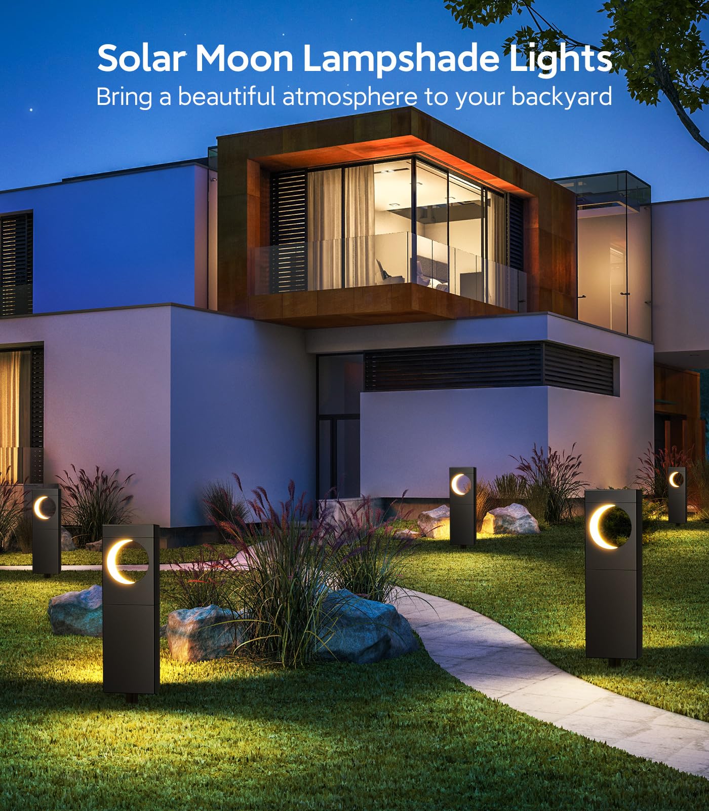 E-Kong Solar Outdoor Lights 6 Pack, Bright Pathway Outdoor, Achieve IP65 Waterproof, Moon Shape Landscape, Auto On/Off for Outside Yard Garden Path, Warm White