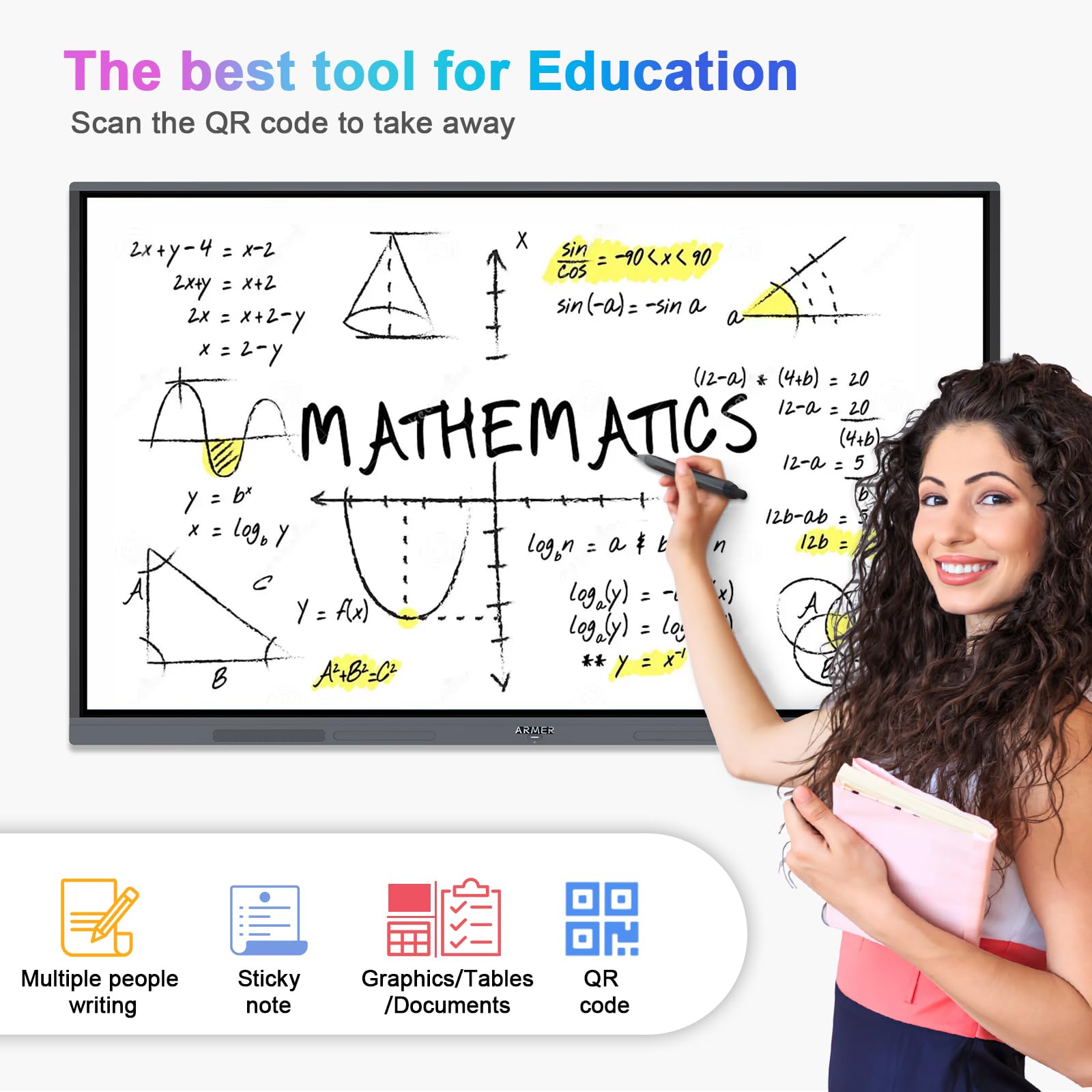 Armer 65'' Smart Board 4K UHD Touchscreen Interactive whiteboard for Classroom and Office, Built in Dual System Robust App Ecosystem for Collaboration(Wall Mount Included)