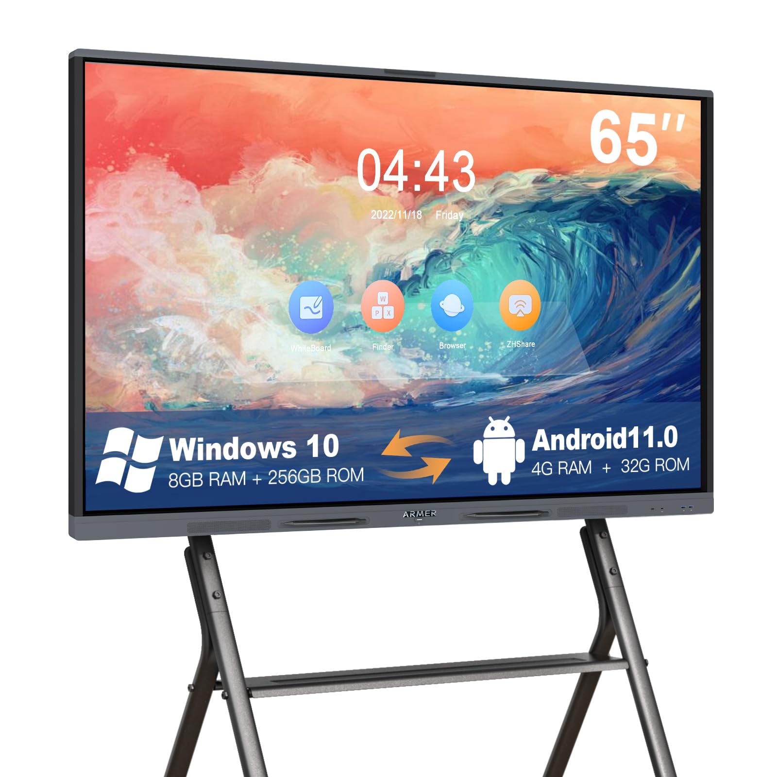 Armer 65'' Smart Board 4K UHD Touchscreen Interactive whiteboard for Classroom and Office, Built in Dual System Robust App Ecosystem for Collaboration(Wall Mount Included)