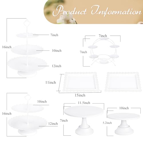 7Pc Cake Stand White Dessert Table Display Set Metal Round Tiered White Cupcake Stand Macaron Ferris Wheel Holder Cookies Serving Trays Fruit Plates for Tea Party Wedding Birthday Baby Shower (White)