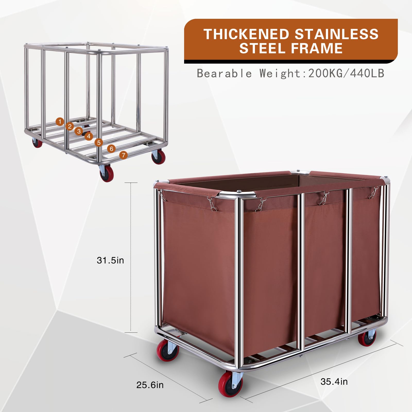 Commercial Laundry cart with Wheels,400L Large Laundry Basket with Wheels,Laundry Hamper on Wheels Heavy Duty with Steel Frame and Oxford Cloth, 440Lbs Load (Brown)