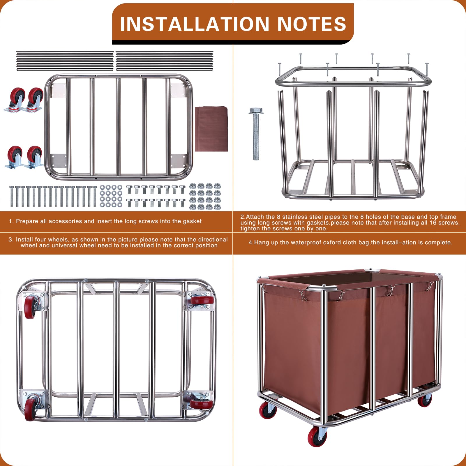 Commercial Laundry cart with Wheels,400L Large Laundry Basket with Wheels,Laundry Hamper on Wheels Heavy Duty with Steel Frame and Oxford Cloth, 440Lbs Load (Brown)