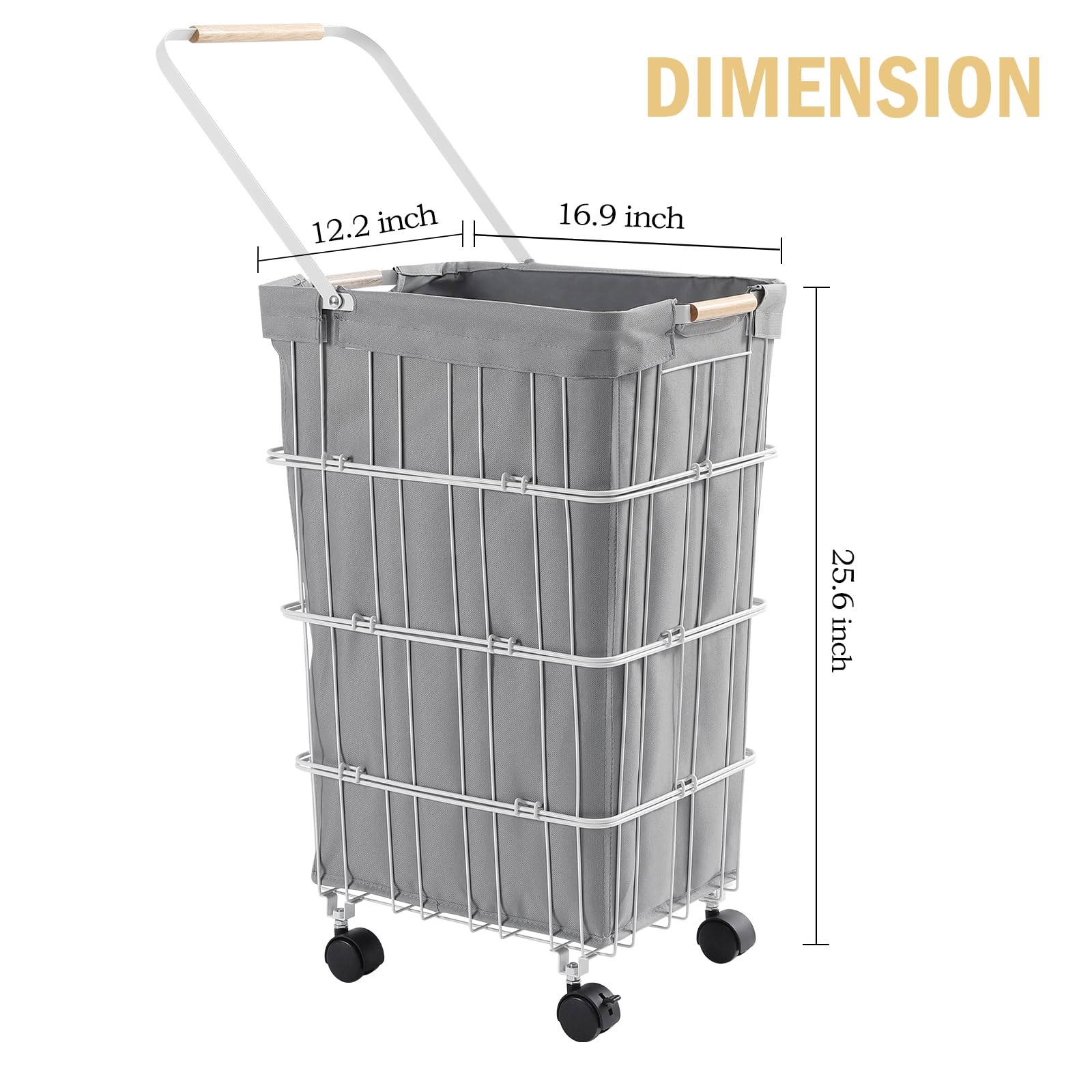 TOOLF Rolling Laundry Hamper, Large Laundry Basket with Handle, Metal Frame Clothes Hamper for Bedrooms, Tall Laundry Bin with Cloth Covers, Grey