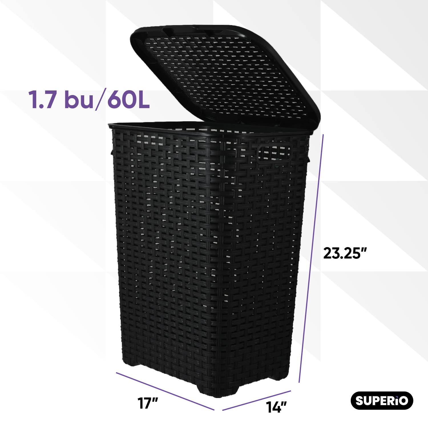 Plastic Laundry Hamper with Lid Laundry Hamper Basket, Black Tall Cloths Hamper Organizer with Cut-out Handles. Space Saving for Laundry Room Bedroom Bathroom, Wicker Design 60 Liter