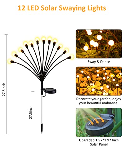Solar Powered Firefly Garden Lights, 8 Pack 12 LED New Upgraded Swaying Solar Garden Lights with 2 Lighting Mode, Solar Firefly Lights Outdoor Waterproof for Yard Patio Pathway Decoration,Warm White