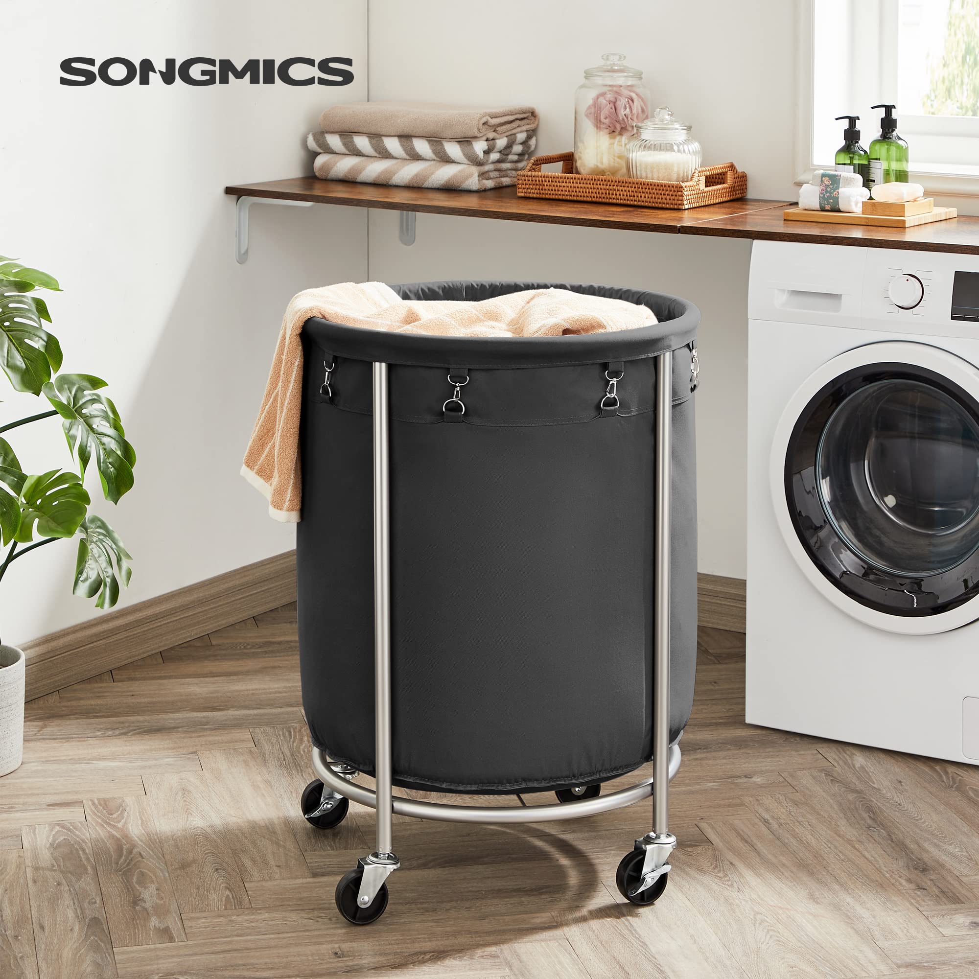 SONGMICS Laundry Basket with Wheels, Rolling Laundry Hamper, 45 Gal., Round Laundry Cart with Steel Frame and Removable Bag, 4 Casters and 2 Brakes, Black and Silver URLS001B01