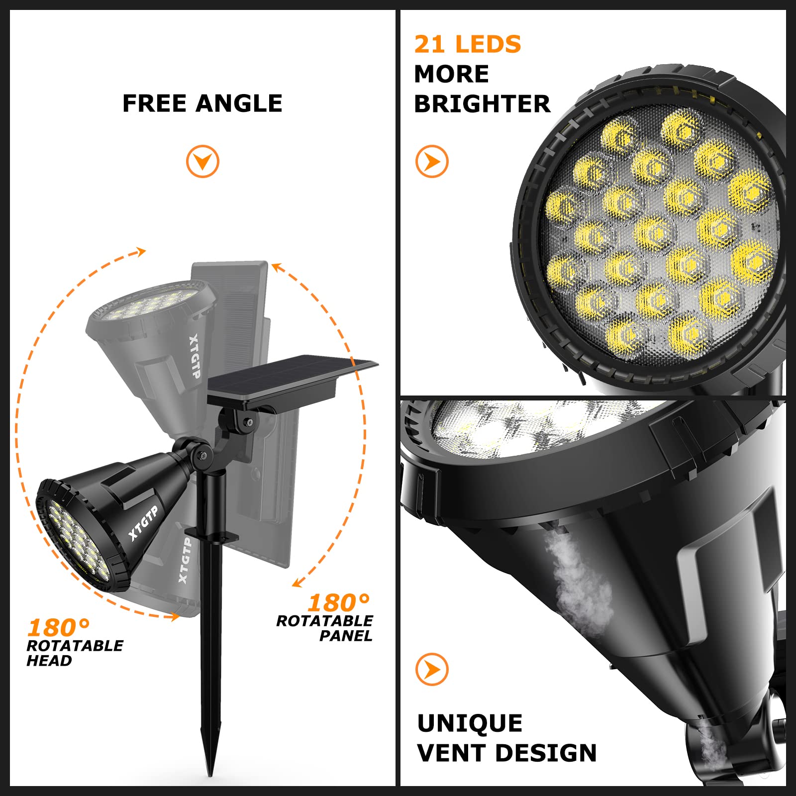 XTGTP Solar Spot Lights Outdoor, 21 LEDs Solar Outdoor Lights Auto On/Off with 3 Modes, IP67 Waterproof Solar Yard Spotlight Landscape Lighting Garden Wall Lights, 2-in-1 Solar Powered Lights, 2Pack