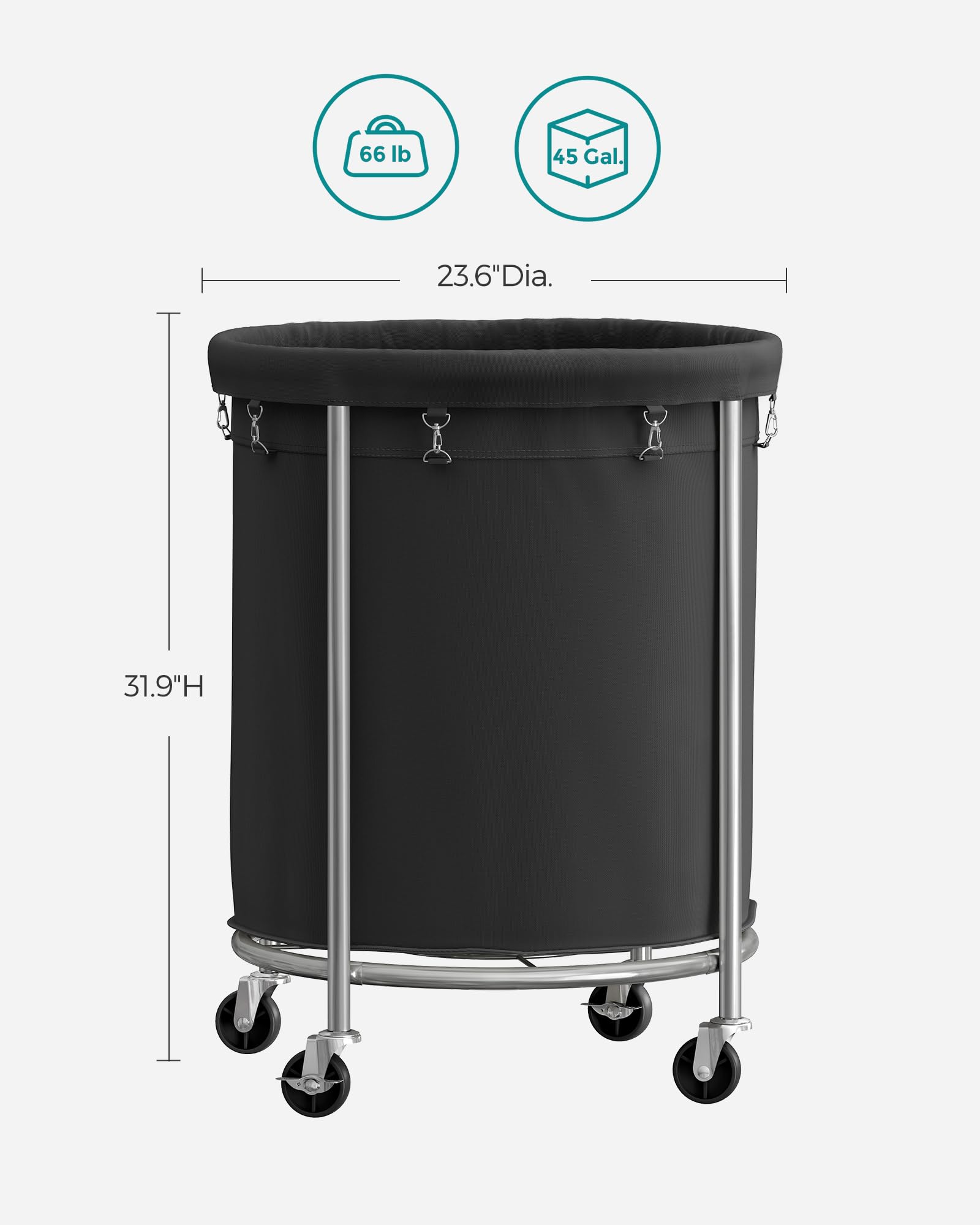 SONGMICS Laundry Basket with Wheels, Rolling Laundry Hamper, 45 Gal., Round Laundry Cart with Steel Frame and Removable Bag, 4 Casters and 2 Brakes, Black and Silver URLS001B01