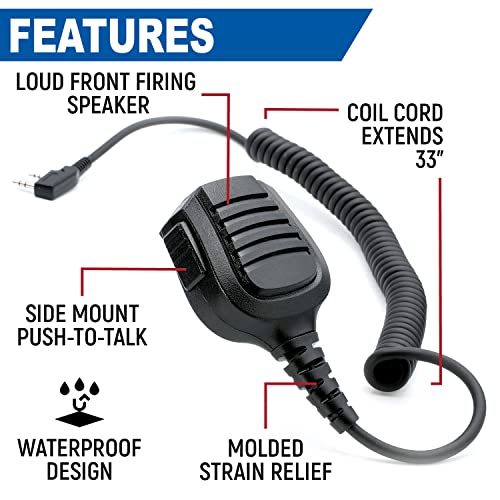Rugged Remote Shoulder Speaker Mic for Off Road Racing Radios 2-Pin Kenwood & Baofeng – Connects to Two Way Handheld Radio and 3.5 Ear Piece Jack