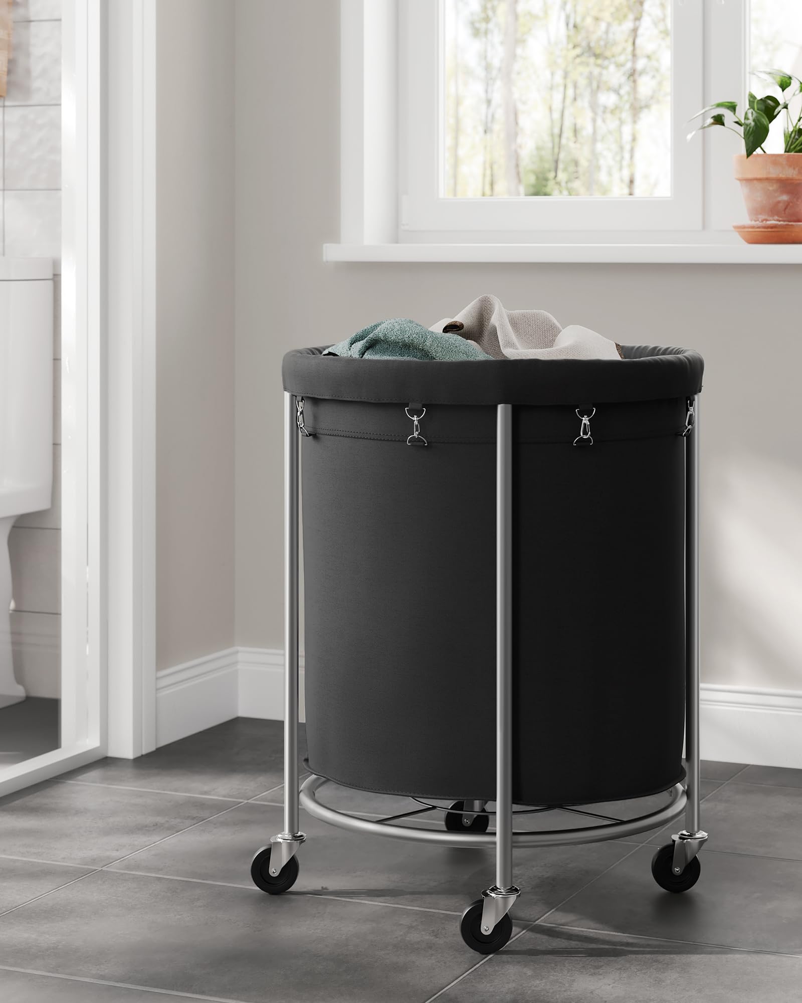 SONGMICS Laundry Basket with Wheels, Rolling Laundry Hamper, 45 Gal., Round Laundry Cart with Steel Frame and Removable Bag, 4 Casters and 2 Brakes, Black and Silver URLS001B01