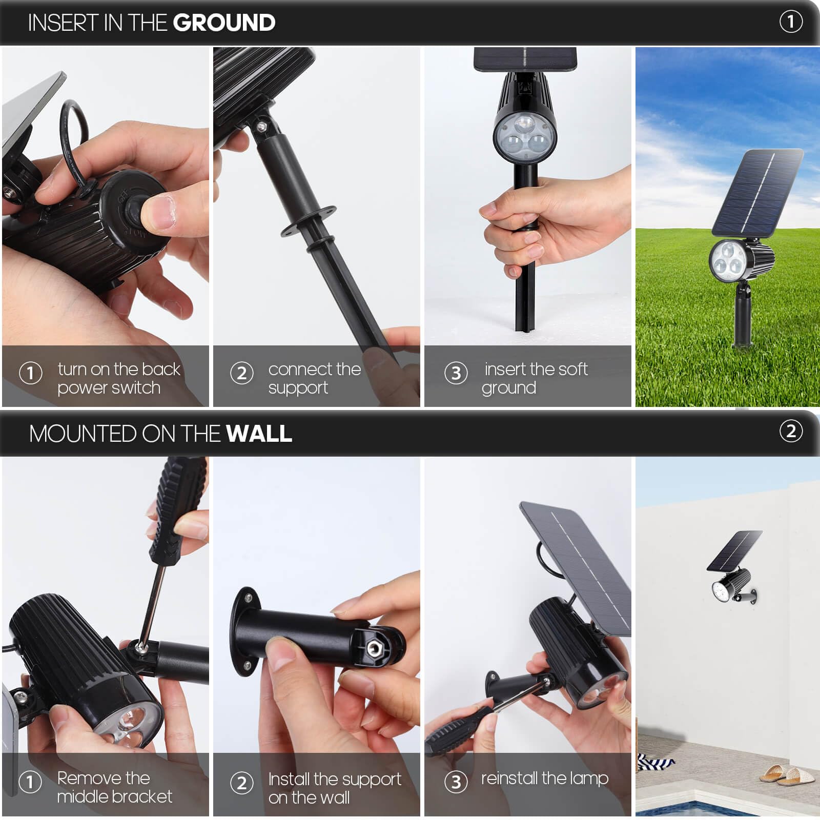 SUNLONG Solar SpotLights Outdoor Waterproof ip65, Warm Solar Spot Lights Outdoor for Walkway Yard Pathway Garden Landscape, 2-in-1 Spot Spotlights Solar Powered for Flag