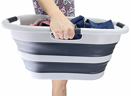 SAMMART 40L (10.5 Gallon) Collapsible Plastic Laundry Basket - Foldable Pop Up Storage Container/Organizer - Portable Washing Tub - Space Saving Hamper/Basket (Grey/Slate Grey)