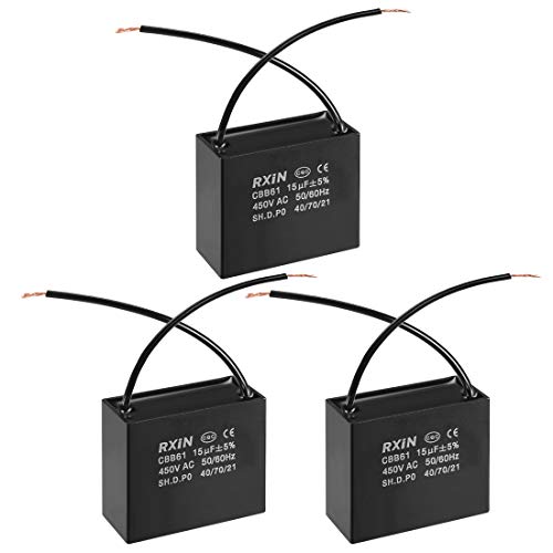 uxcell Ceiling Fan Capacitor CBB61 15uF 450V AC 2 Wires Metalized Polypropylene Film Capacitors 58x28x50mm for Water Pump Motor Generator, Pack of 3