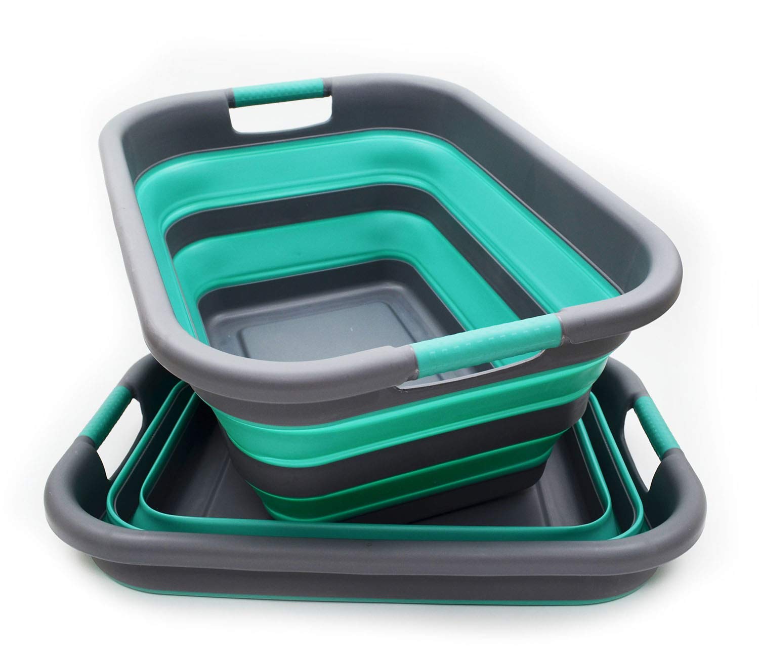 SAMMART 41L Set of 2 Collapsible Plastic Laundry Basket - Foldable Pop Up Storage Container/Organizer - Portable Washing Tub - Space Saving Hamper/Basket (2, Grey/Turquoise Blue)
