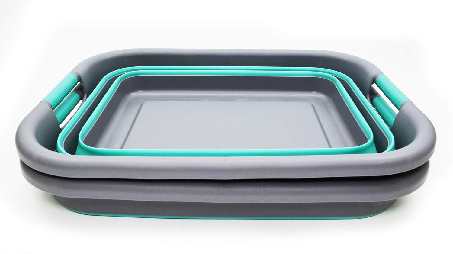 SAMMART 41L Set of 2 Collapsible Plastic Laundry Basket - Foldable Pop Up Storage Container/Organizer - Portable Washing Tub - Space Saving Hamper/Basket (2, Grey/Turquoise Blue)