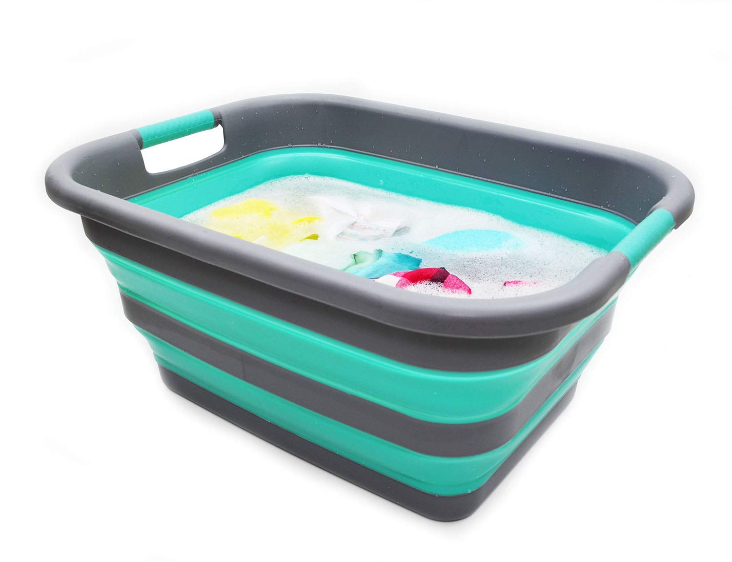 SAMMART 41L Set of 2 Collapsible Plastic Laundry Basket - Foldable Pop Up Storage Container/Organizer - Portable Washing Tub - Space Saving Hamper/Basket (2, Grey/Turquoise Blue)
