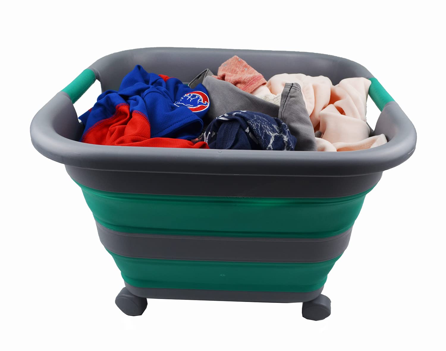 SAMMART Collapsible Plastic Laundry Basket with Wheels 39L (10.3 Gallons) -Foldable Pop Up Storage Container for Laundry, Camping & Home (1, Dark Grey/Bluish-Green)