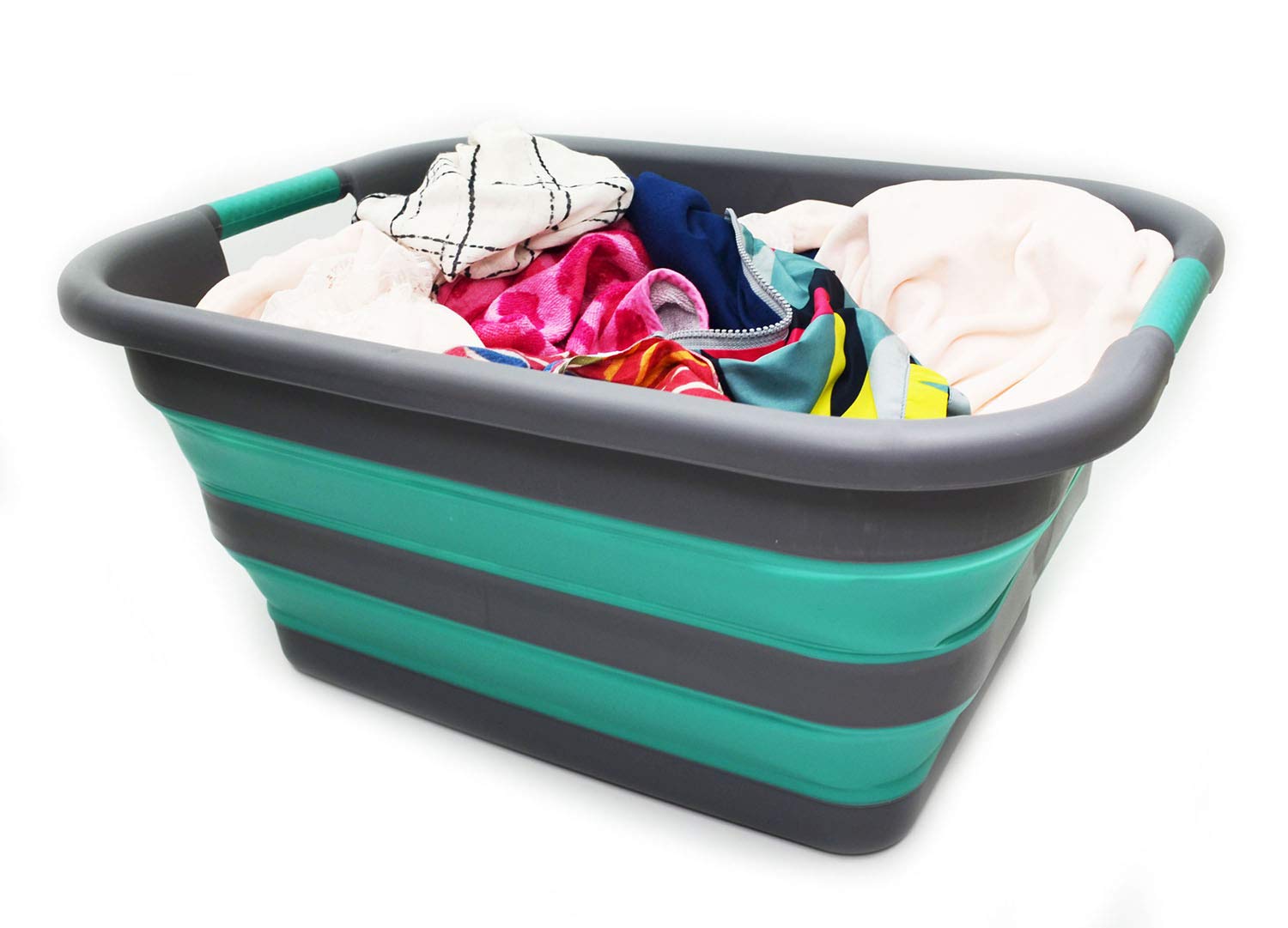 SAMMART 41L Set of 2 Collapsible Plastic Laundry Basket - Foldable Pop Up Storage Container/Organizer - Portable Washing Tub - Space Saving Hamper/Basket (2, Grey/Turquoise Blue)