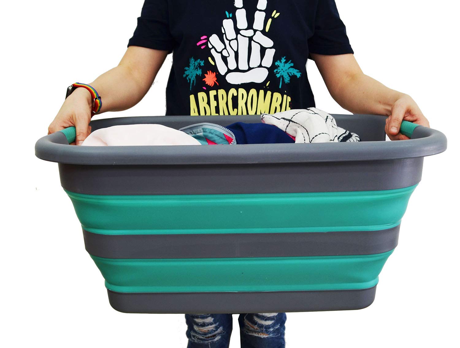 SAMMART 41L Set of 2 Collapsible Plastic Laundry Basket - Foldable Pop Up Storage Container/Organizer - Portable Washing Tub - Space Saving Hamper/Basket (2, Grey/Turquoise Blue)