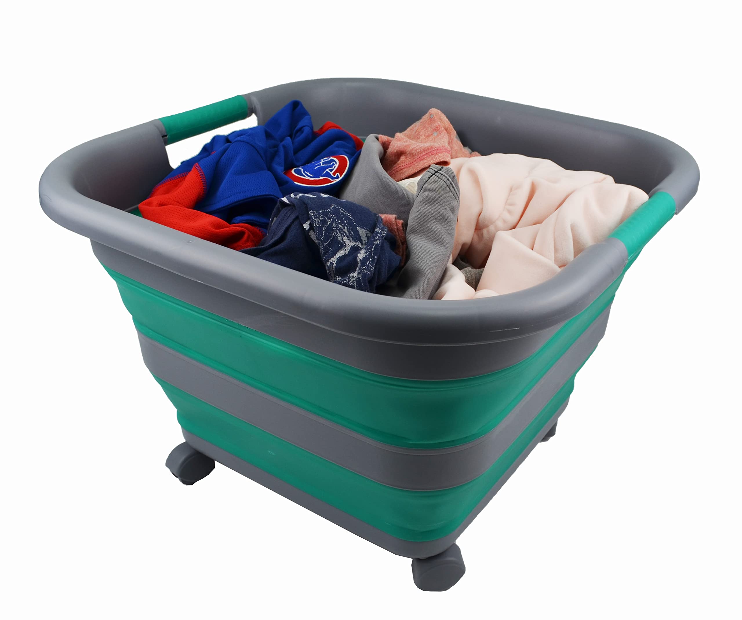 SAMMART Collapsible Plastic Laundry Basket with Wheels 39L (10.3 Gallons) -Foldable Pop Up Storage Container for Laundry, Camping & Home (1, Dark Grey/Bluish-Green)