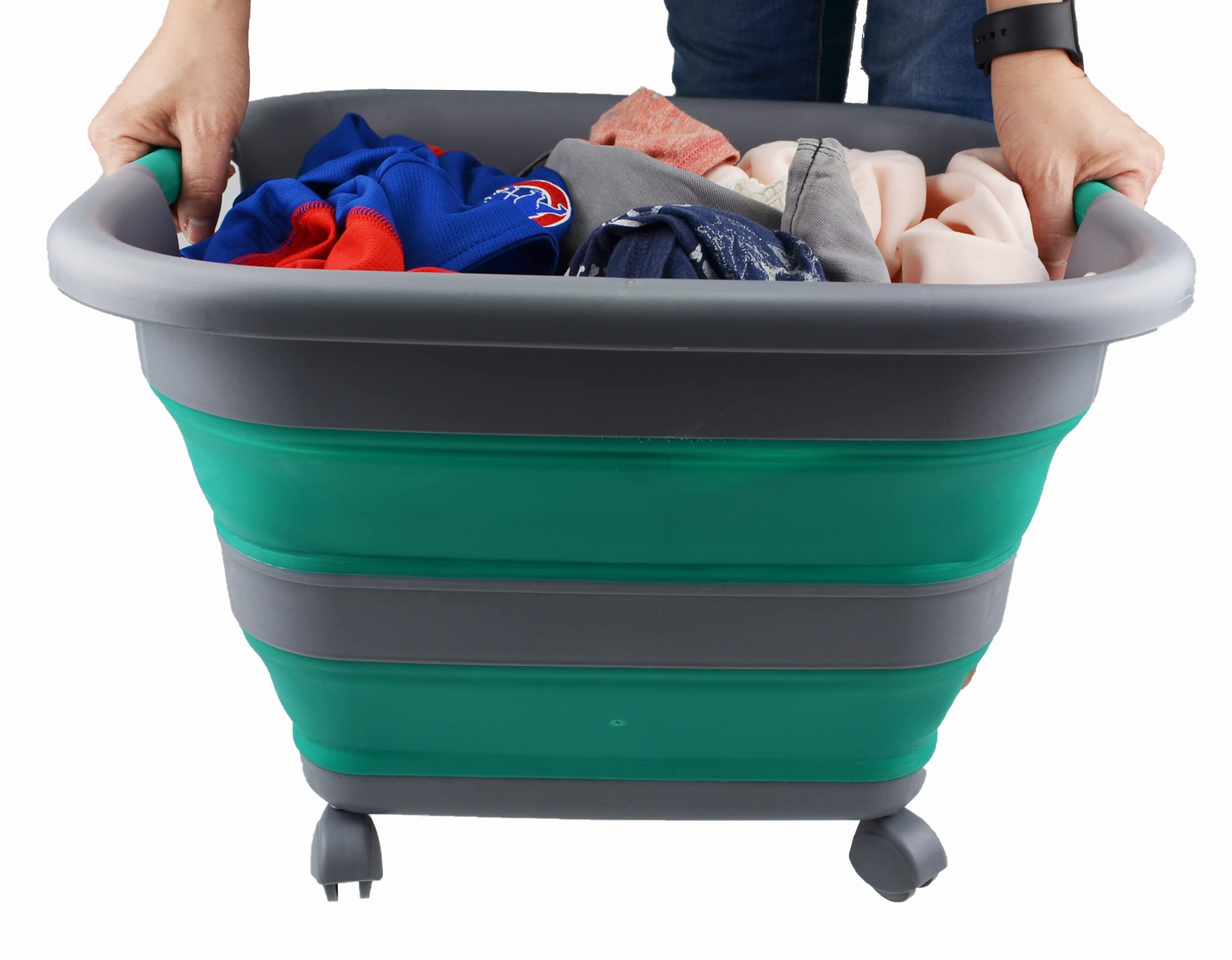 SAMMART Collapsible Plastic Laundry Basket with Wheels 39L (10.3 Gallons) -Foldable Pop Up Storage Container for Laundry, Camping & Home (1, Dark Grey/Bluish-Green)