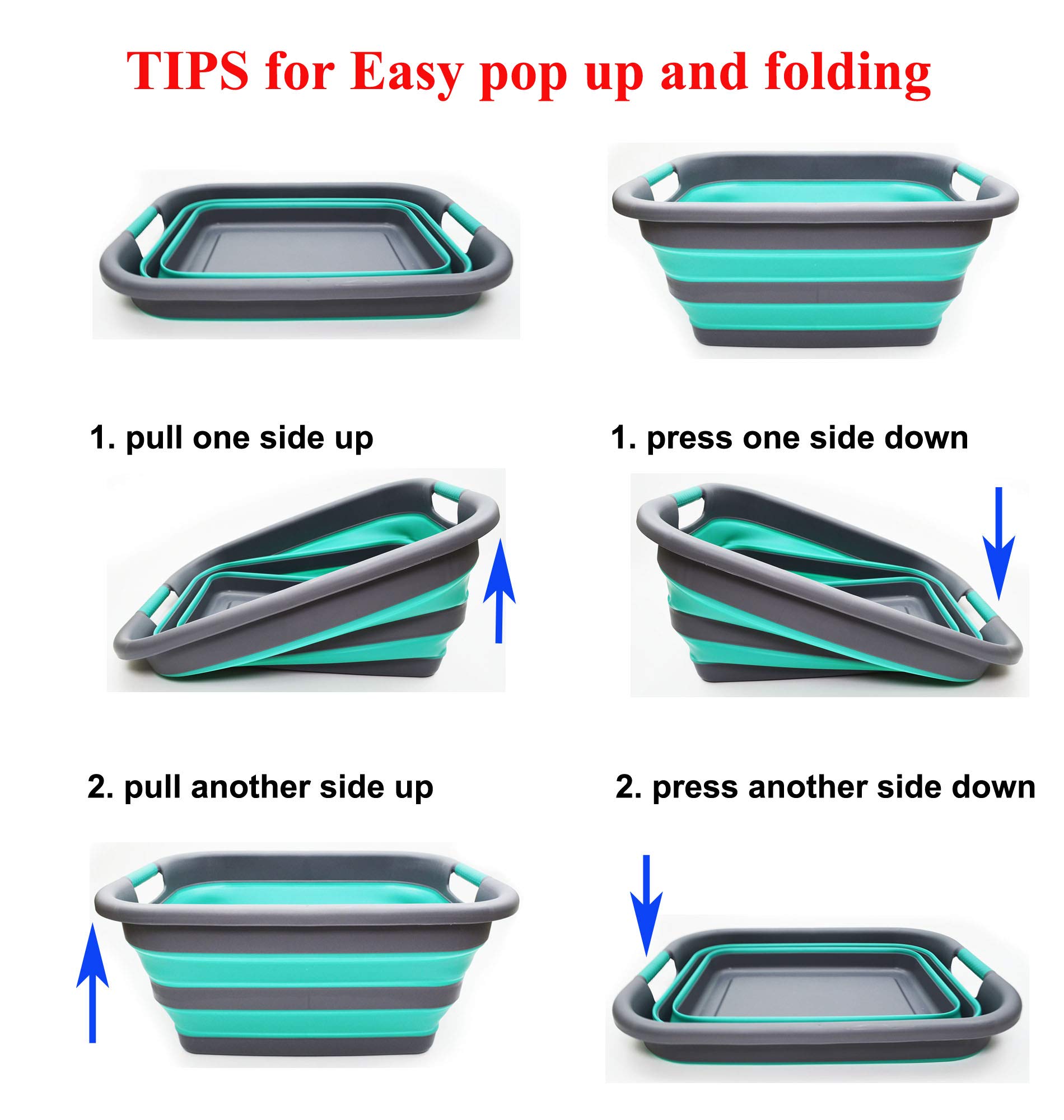 SAMMART 41L Set of 2 Collapsible Plastic Laundry Basket - Foldable Pop Up Storage Container/Organizer - Portable Washing Tub - Space Saving Hamper/Basket (2, Grey/Turquoise Blue)
