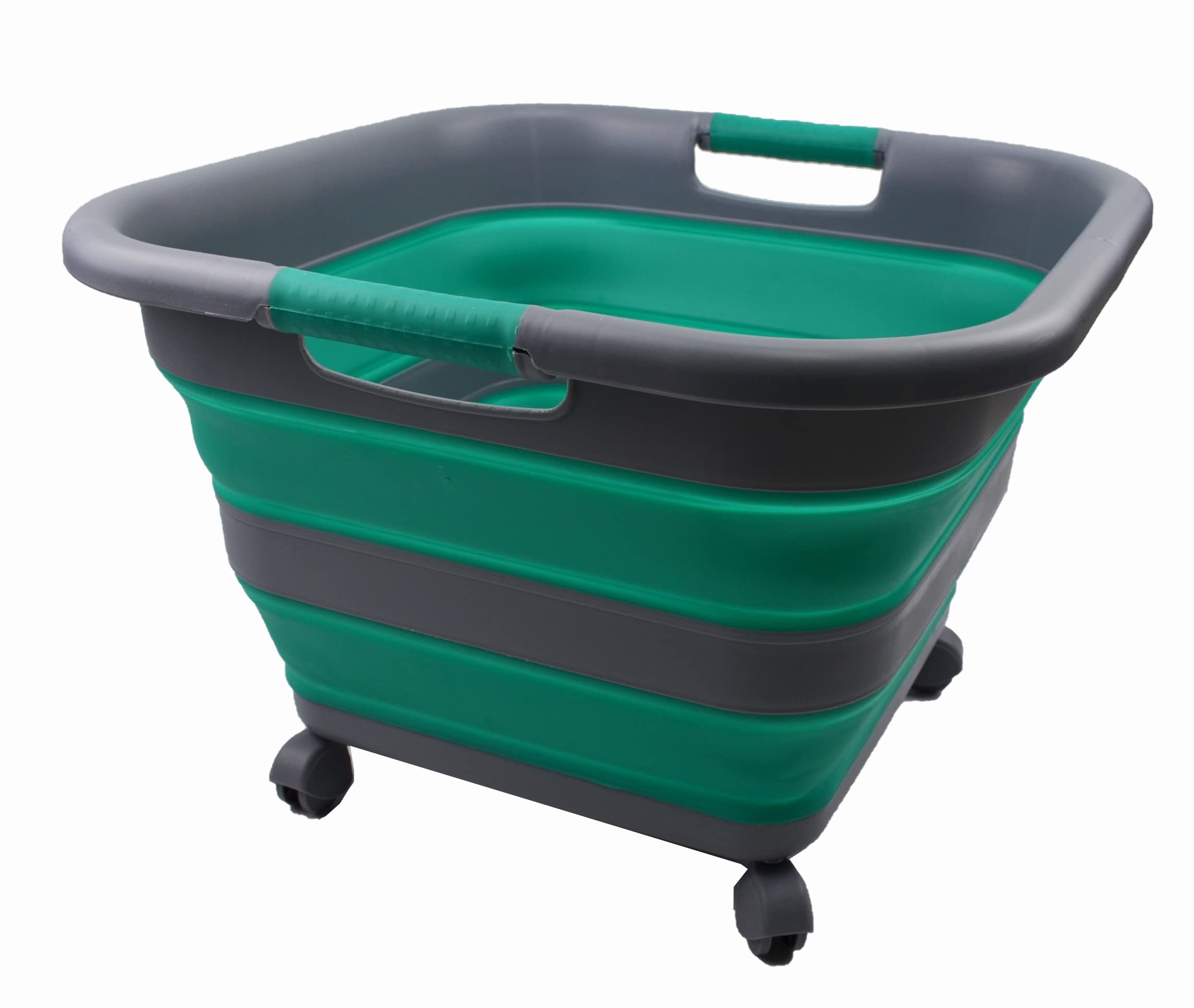 SAMMART Collapsible Plastic Laundry Basket with Wheels 39L (10.3 Gallons) -Foldable Pop Up Storage Container for Laundry, Camping & Home (1, Dark Grey/Bluish-Green)