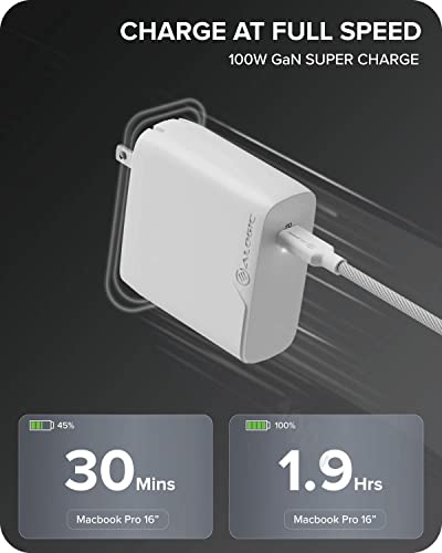 ALOGIC 100W MacBook Pro Charger USB C Charger with GaN Fast Tech, PD 3.0 Laptop Charger for MacBook Pro 16/13, Air, M1 Mac, XPS 15/13, iPad Pro, iPhone 13/13 Pro/Max/13 Mini Galaxy, Pixel & More
