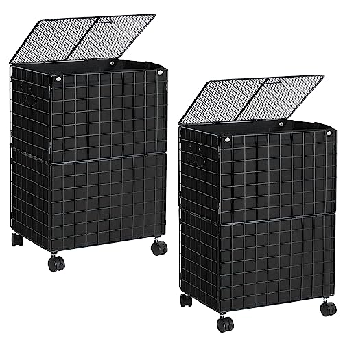 ELYKEN 2 Pack Laundry Hamper with Lid and Wheel, Rolling Metal Wire Frame Dirty Clothes Basket for Small Bathroom, 61L Capacity Liner Bag with Handle, Heavy Duty Steel Cover Bedroom Organizer Black