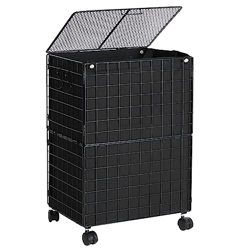 ELYKEN Laundry Hamper with Lid and Wheel, Rolling Metal Wire Frame Dirty Clothes Basket for Small Bathroom, 61L Capacity Liner Bag with Handle, Heavy Duty Steel Cover Bedroom Organizer Black
