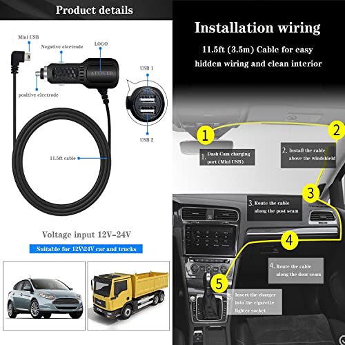 Dash Cam Charger Cable ,Garmin Charging Cable,Garmin Power Cable, for Garmin Dash Cam, Garmin GPS, MP3 Player,Garmin GPS Navigator, for 12V-24V Car and Truck Car Power Adapter Cable