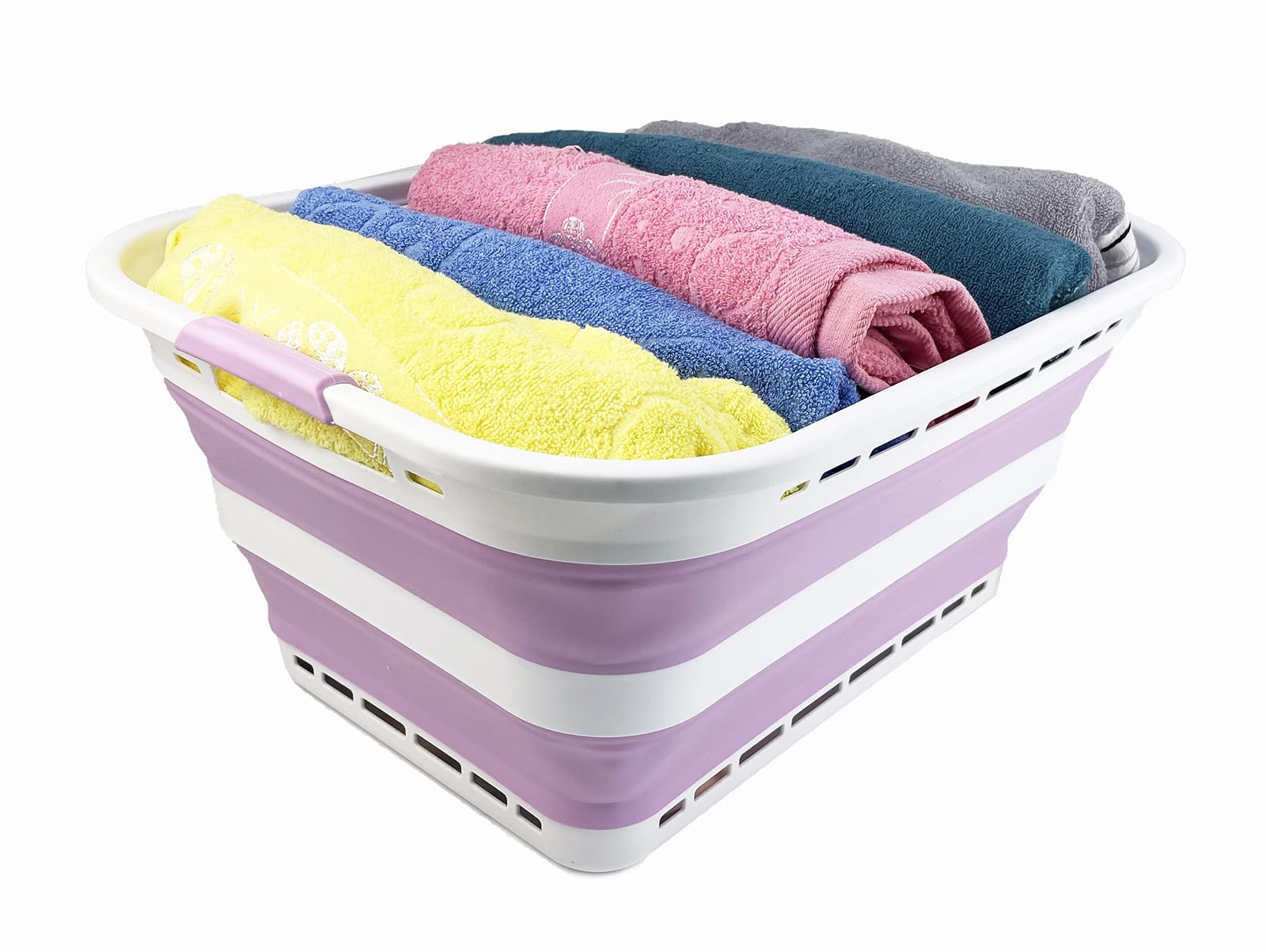 SAMMART 42L (11 gallons) Collapsible Plastic Laundry Hamper/Basket - Foldable Storage Container/Organizer - Portable Laundry Basket - Easy Storage Space Saving White/Pale Purple)