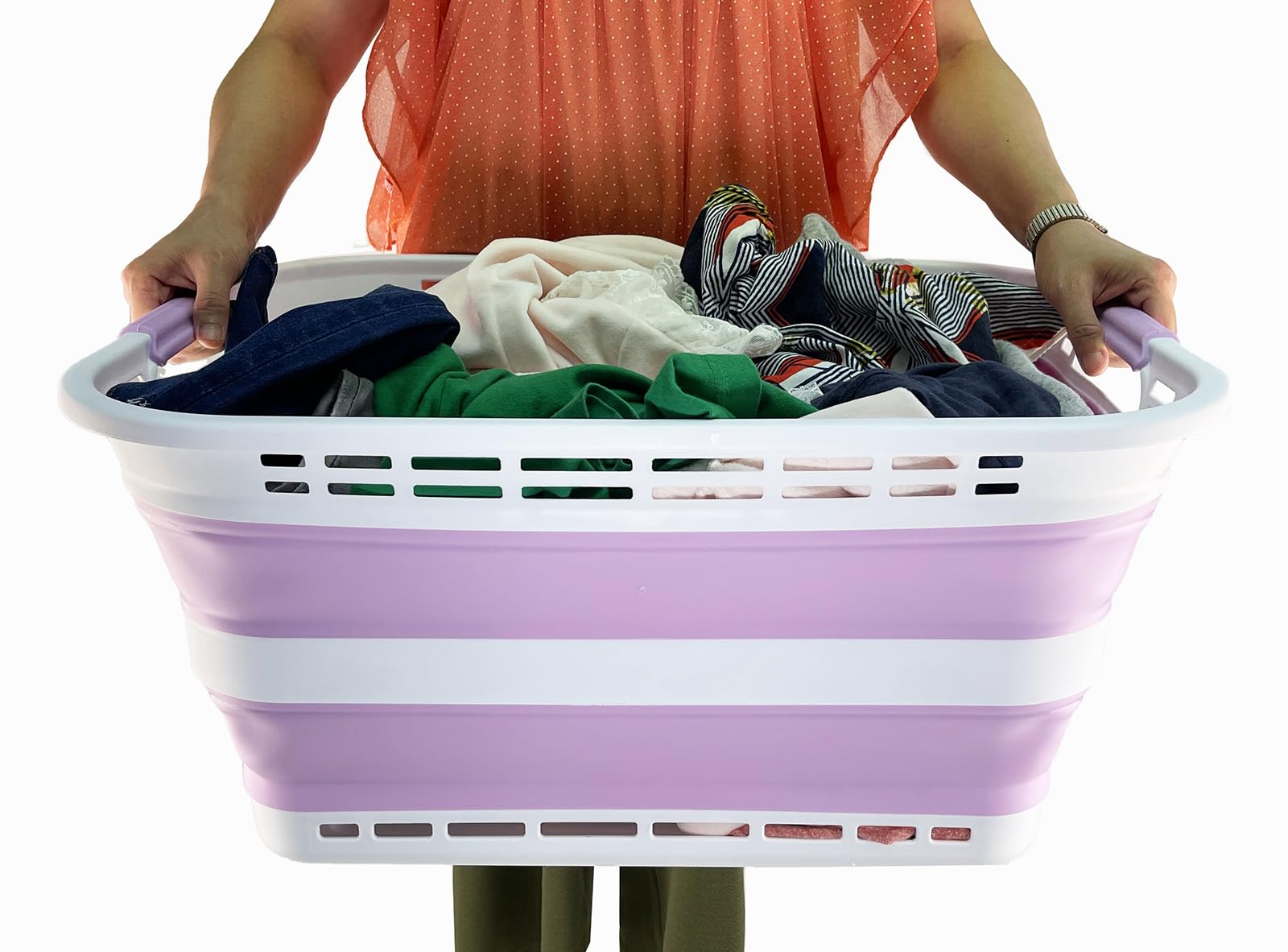 SAMMART 42L (11 gallons) Collapsible Plastic Laundry Hamper/Basket - Foldable Storage Container/Organizer - Portable Laundry Basket - Easy Storage Space Saving White/Pale Purple)