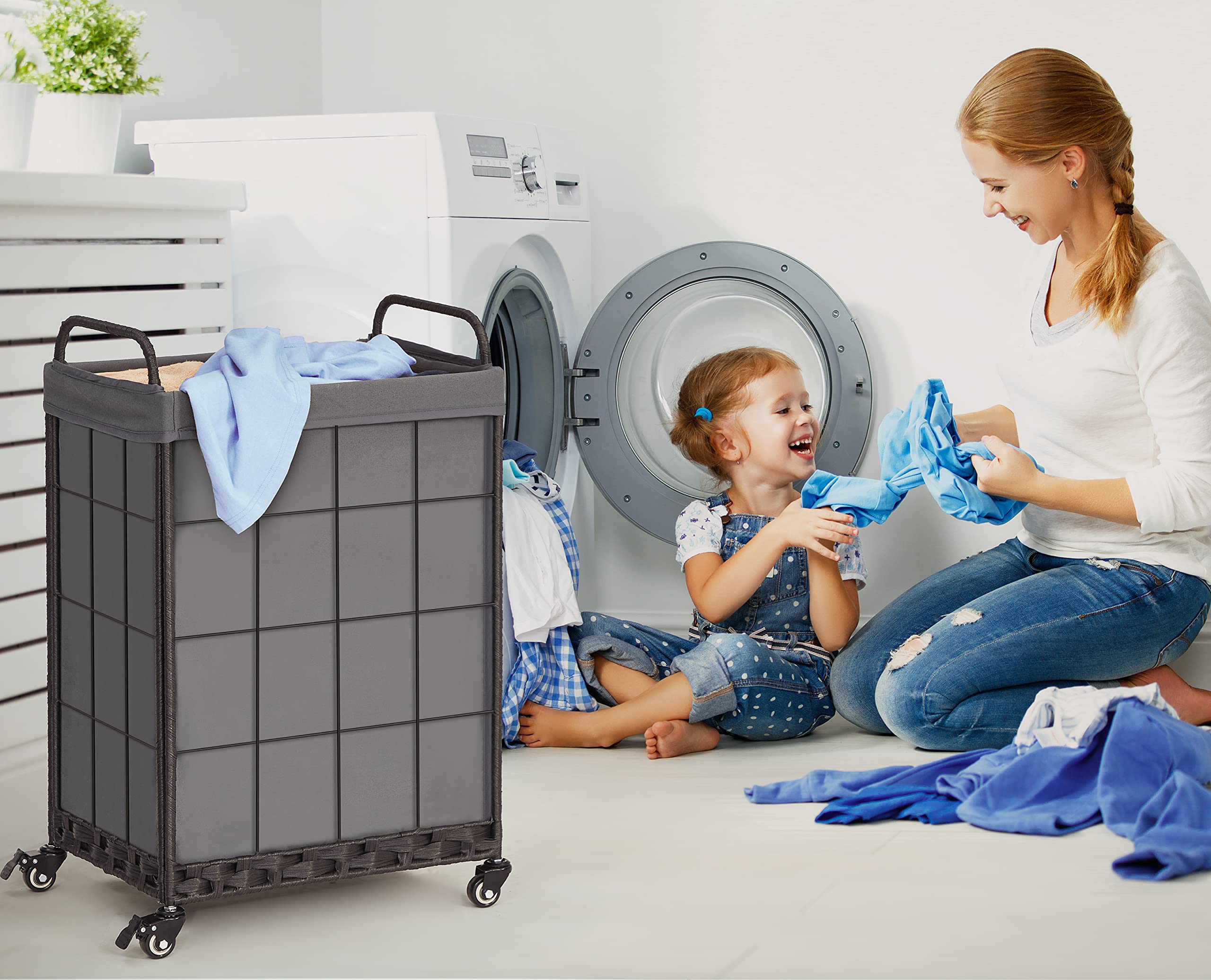 Laundry Hamper with Heavy Duty Rolling Lockable Wheels; Durable Laundry Basket with Detachable Liner Bag; Collapsible Clothes Hamper with Metal Handle (Grey)