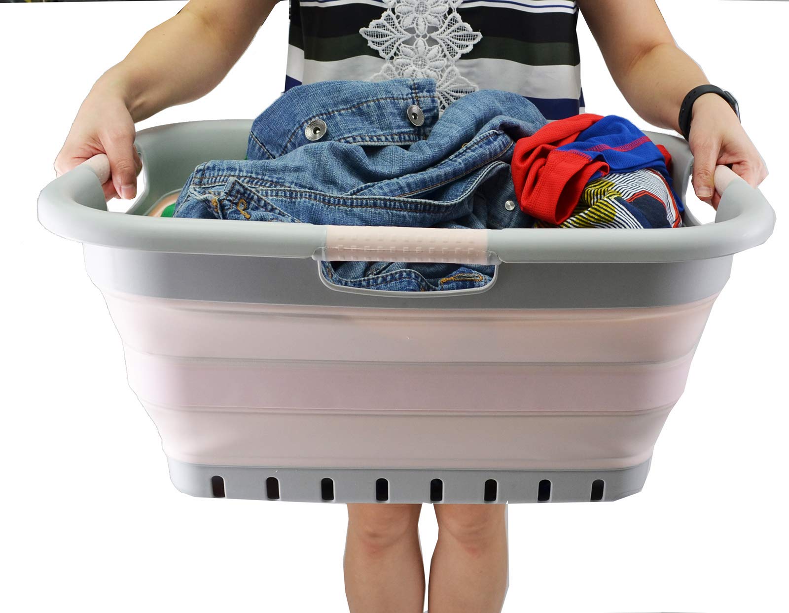 SAMMART 41L Collapsible Plastic Laundry Basket - Foldable Pop Up Storage Container/Organizer - Portable Washing Tub - Space Saving Hamper/Basket (3 handled rectangular, Grey/Pink)