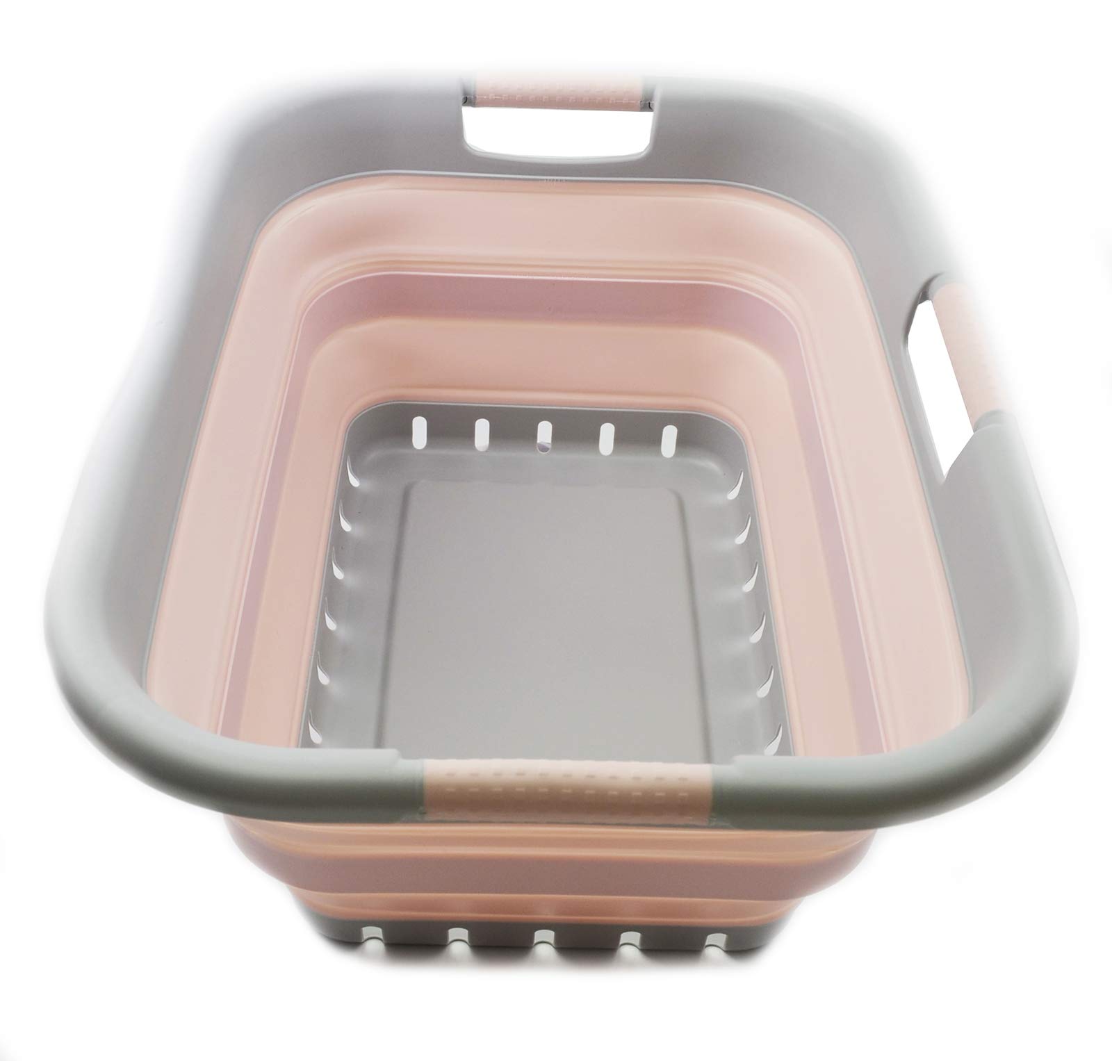 SAMMART 41L Collapsible Plastic Laundry Basket - Foldable Pop Up Storage Container/Organizer - Portable Washing Tub - Space Saving Hamper/Basket (3 handled rectangular, Grey/Pink)