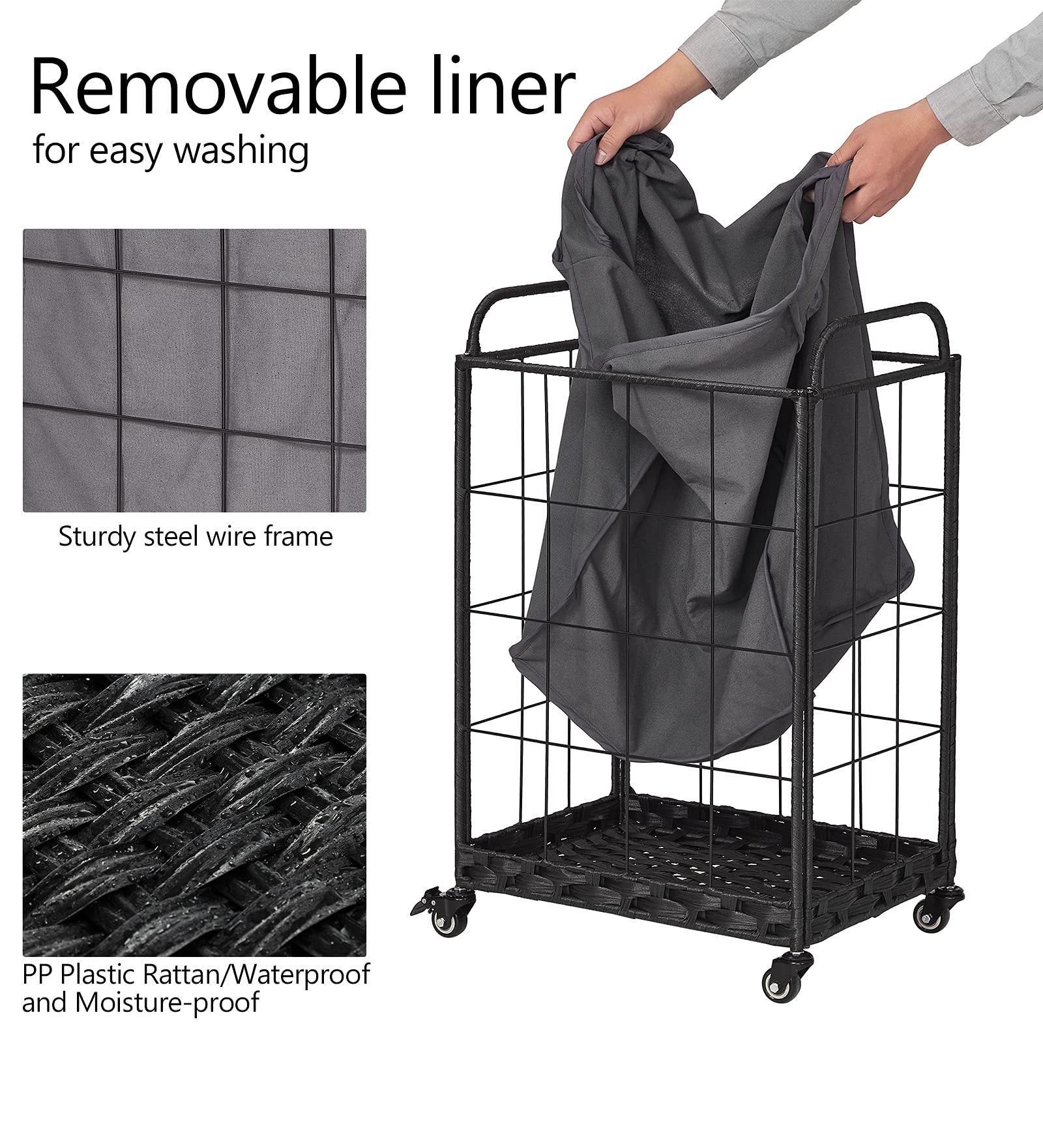 Laundry Hamper with Heavy Duty Rolling Lockable Wheels; Durable Laundry Basket with Detachable Liner Bag; Collapsible Clothes Hamper with Metal Handle (Grey)