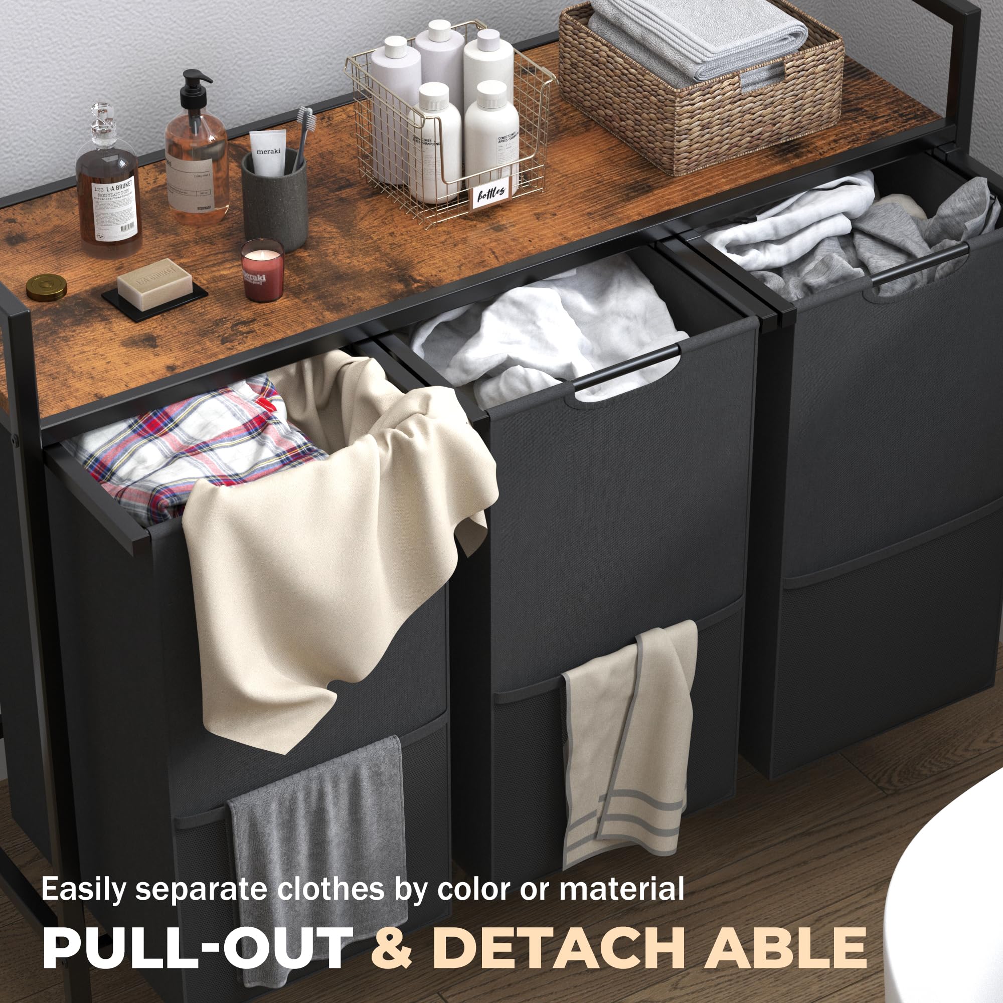 YESHOMY Laundry Sorter with Shelf, 3 Removable & Pull-Out Hamper Bags with Side Pockets, Large Clothes Organizer with Rolling Lockable Wheels, 3 x 12 Gal, Black