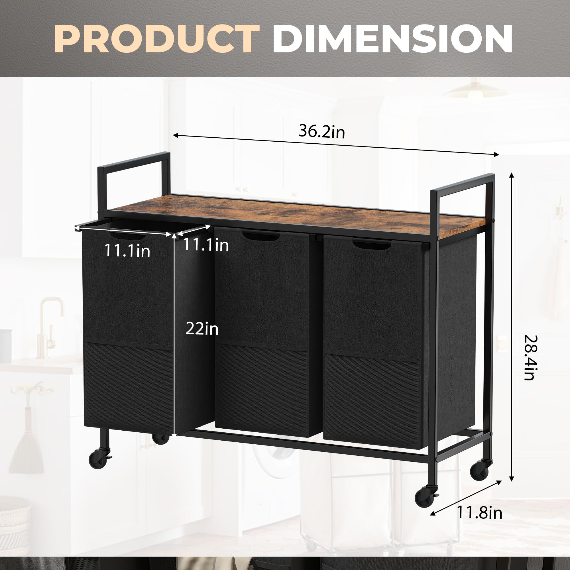YESHOMY Laundry Sorter with Shelf, 3 Removable & Pull-Out Hamper Bags with Side Pockets, Large Clothes Organizer with Rolling Lockable Wheels, 3 x 12 Gal, Black