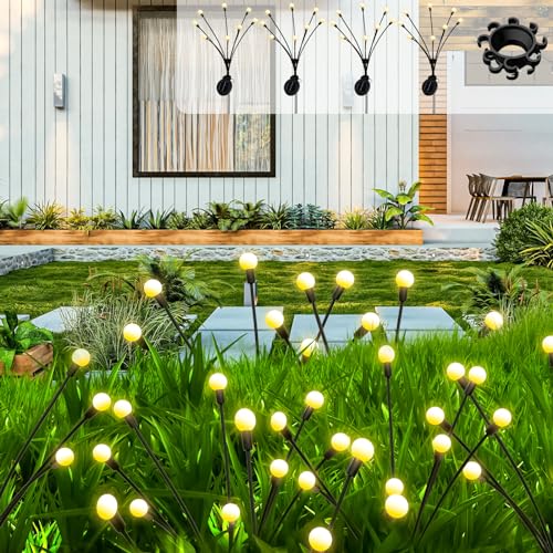 4 Pack Solar Firefly Garden Lights with Seperator, HXWEIYE 8LED Swaying Solar Lights Warm White with 2 Lighting Modes, Sway at Breeze. Waterproof Solar Outdoor Lights for Outside,Patio,Yard,Xmas