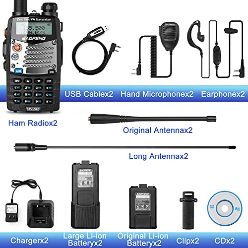 BAOFENG UV-5R Pro Ham Radio Handheld Walkie Talkies UHF VHF Dual Band 2-Way Radio Full Kit with an Extra 3800mAh Battery, Earpiece and Programming Cable (2 Pack)
