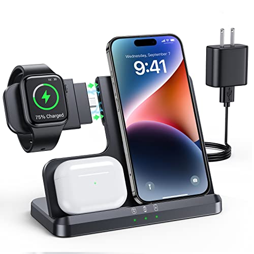LK Wireless Charging Station 3 in 1 Wireless Charger Stand Docking Station Compatible for iPhone 14/13/12/11 Pro Max/XR/XS/8, AirPods Pro/3/2, Apple Watch Ultra/8/SE/7/6/5/4