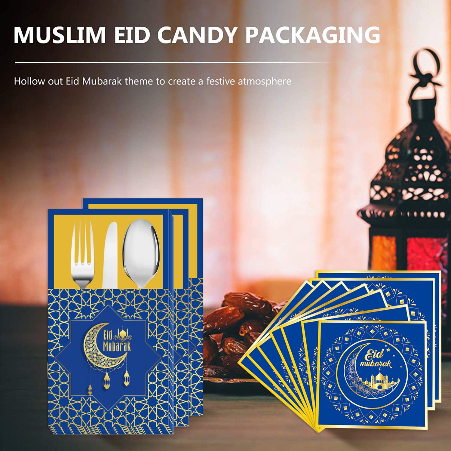 Eid Mubarak Napkins Paper,18 Count Cutlery Holders and 36 Count Ramadan Napkins Lucky Cutlery Decorative Utensil Holders for Ramadan Table Disposable Decorations