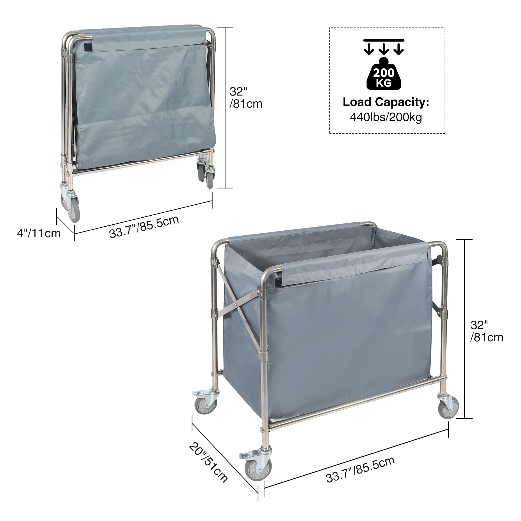 ALBOMI Collapsible Commercial Laundry Cart with Wheels, Large Folding Stainless Steel Laundry Hamper, Industrial Rolling Waterproof Laundry Basket for Hotel Hospital School Home, 440LB Load, Gray