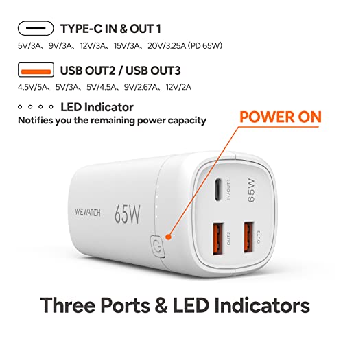 WEWATCH Portable Charger, 65W 20000mAh Laptop Power Bank with LED Indicator, Fast Charging USB C 3 Port PD3.0 Battery Pack for MacBook Dell XPS iPad iPhone 13/12 Pro Mini Samsung Switch